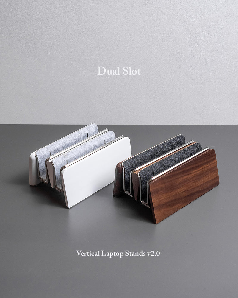 Vertical Laptop Stand Dual Clamshell Holder for Macbook | Walnut Wood
