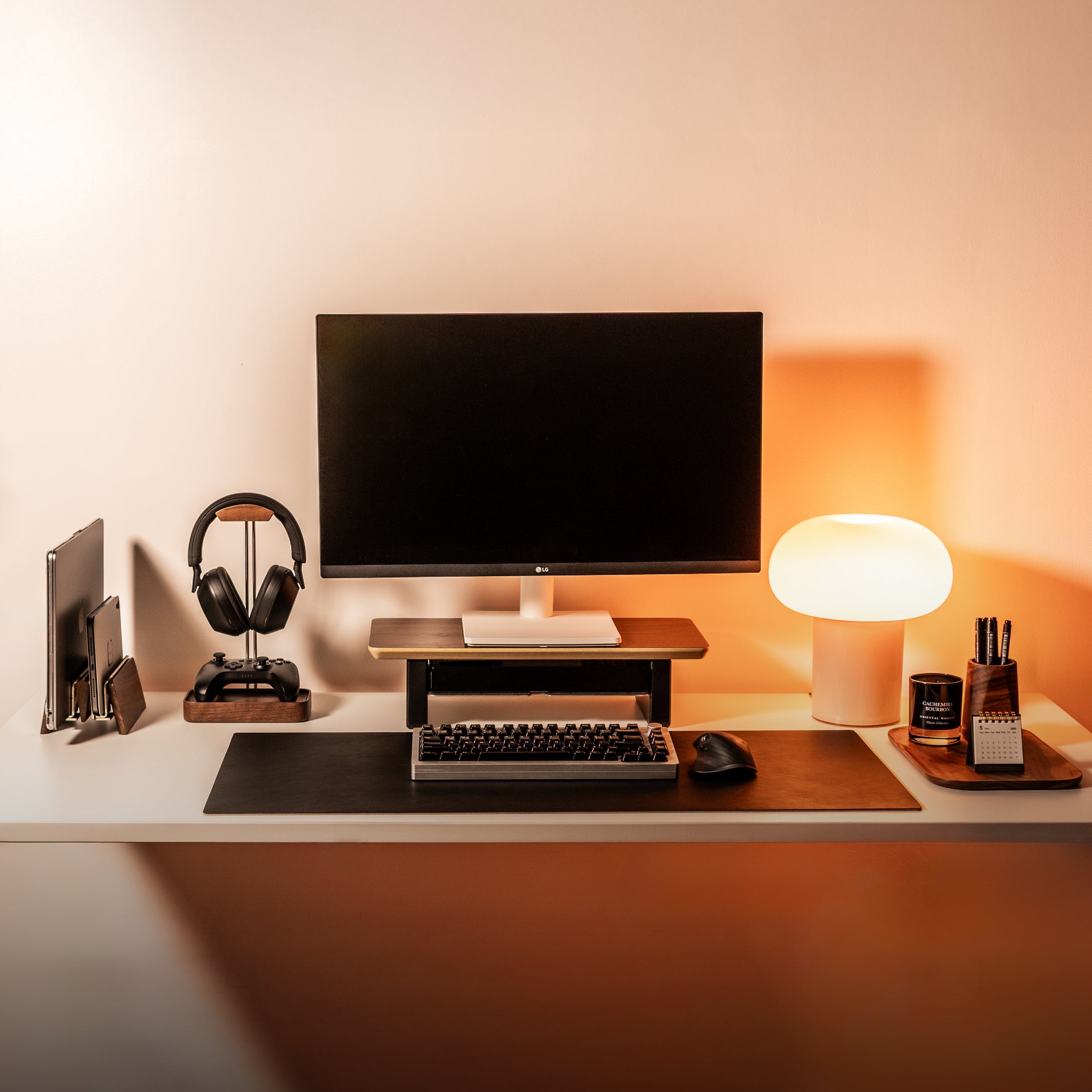 Desk Shelf Setup Cockpit Dual Monitor Stand | Walnut Wood