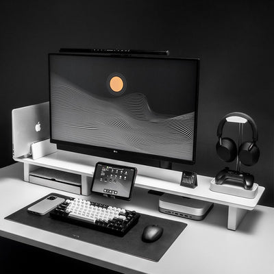 Desk Shelf White Setup Cockpit Dual Monitor Stand Grovemade Balolo ...