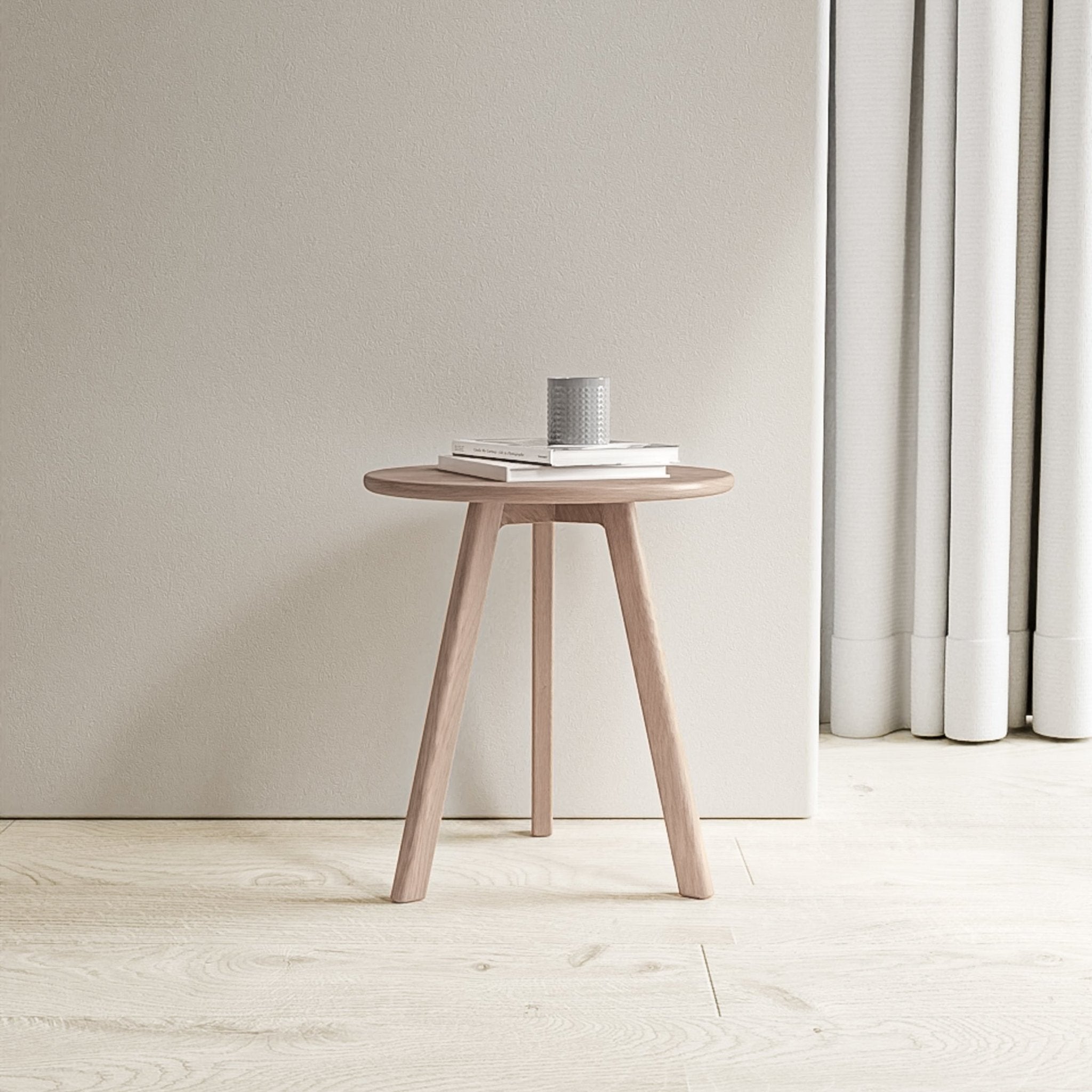 Round Side Table Small Pedestal Table Solid Wood | Whitewash Oak