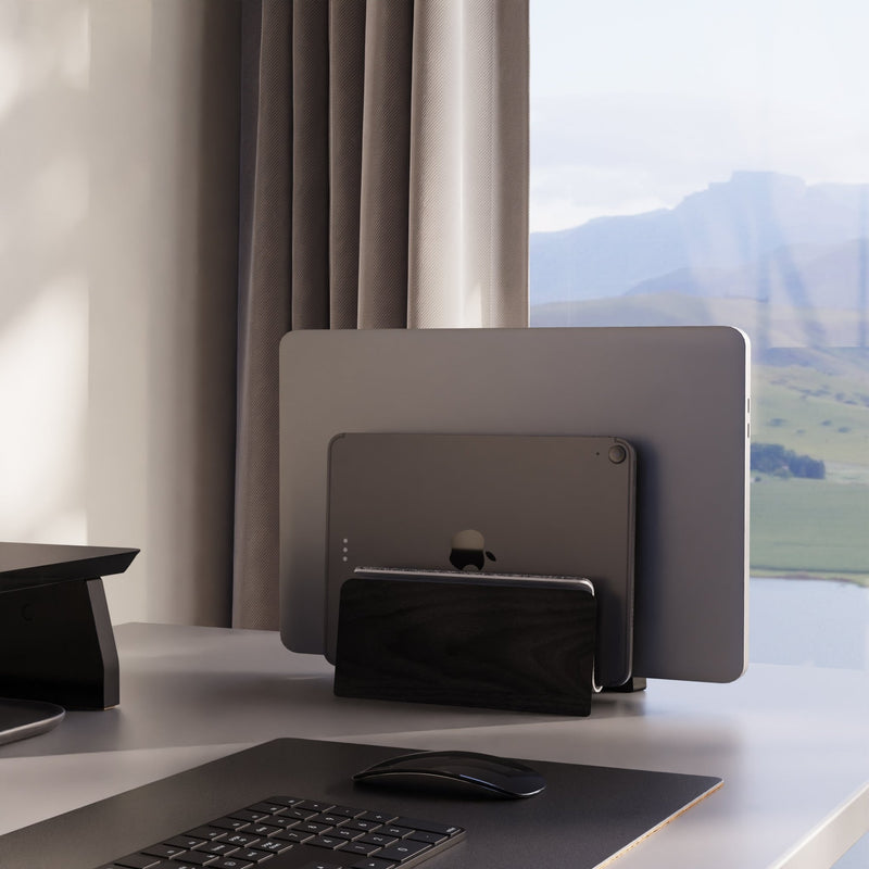 Vertical Laptop Stand Clamshell Holder Dual Slot for Macbook | Black Wood