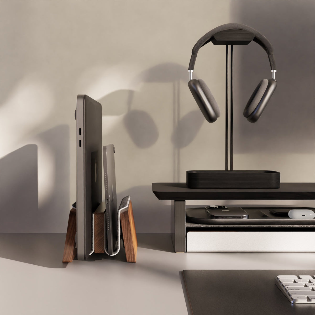 Vertical Laptop Stand Dual Clamshell Holder for Macbook | Walnut Wood