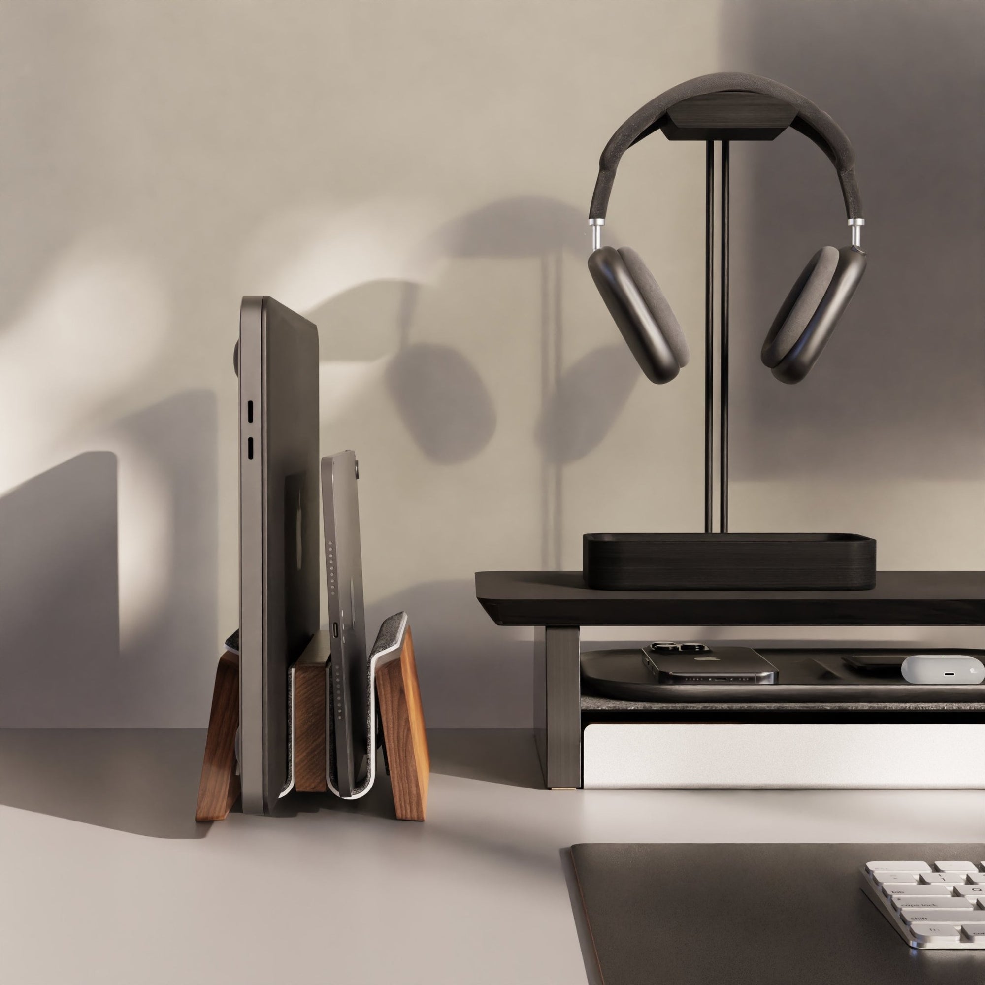 Vertical Laptop Stand Dual Clamshell Holder for Macbook | Walnut Wood